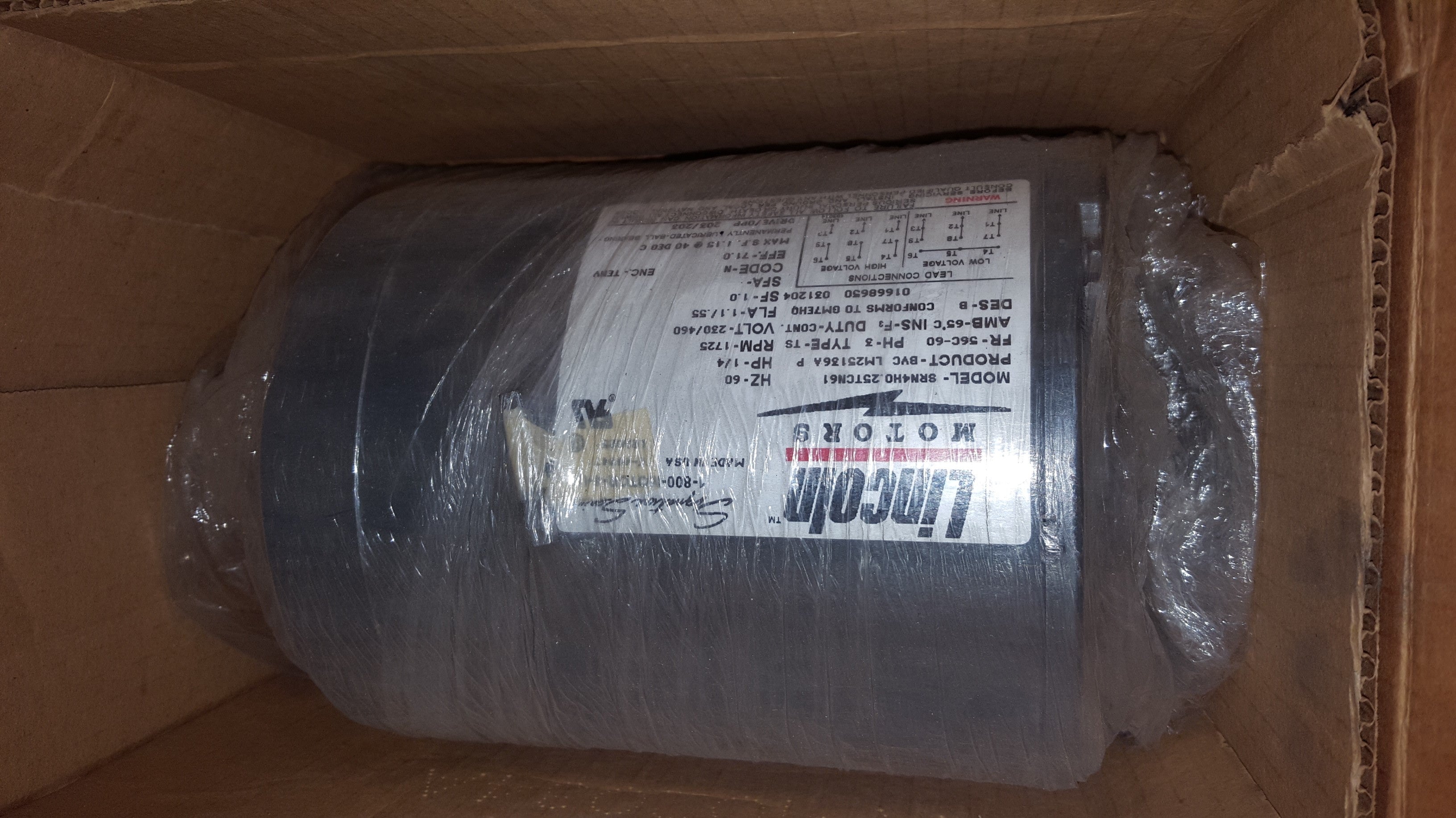 Lincoln LM25136 Motor 1/4HP 1725RPM 230/460V 60Hz SRN4HO.25TCN61 ...