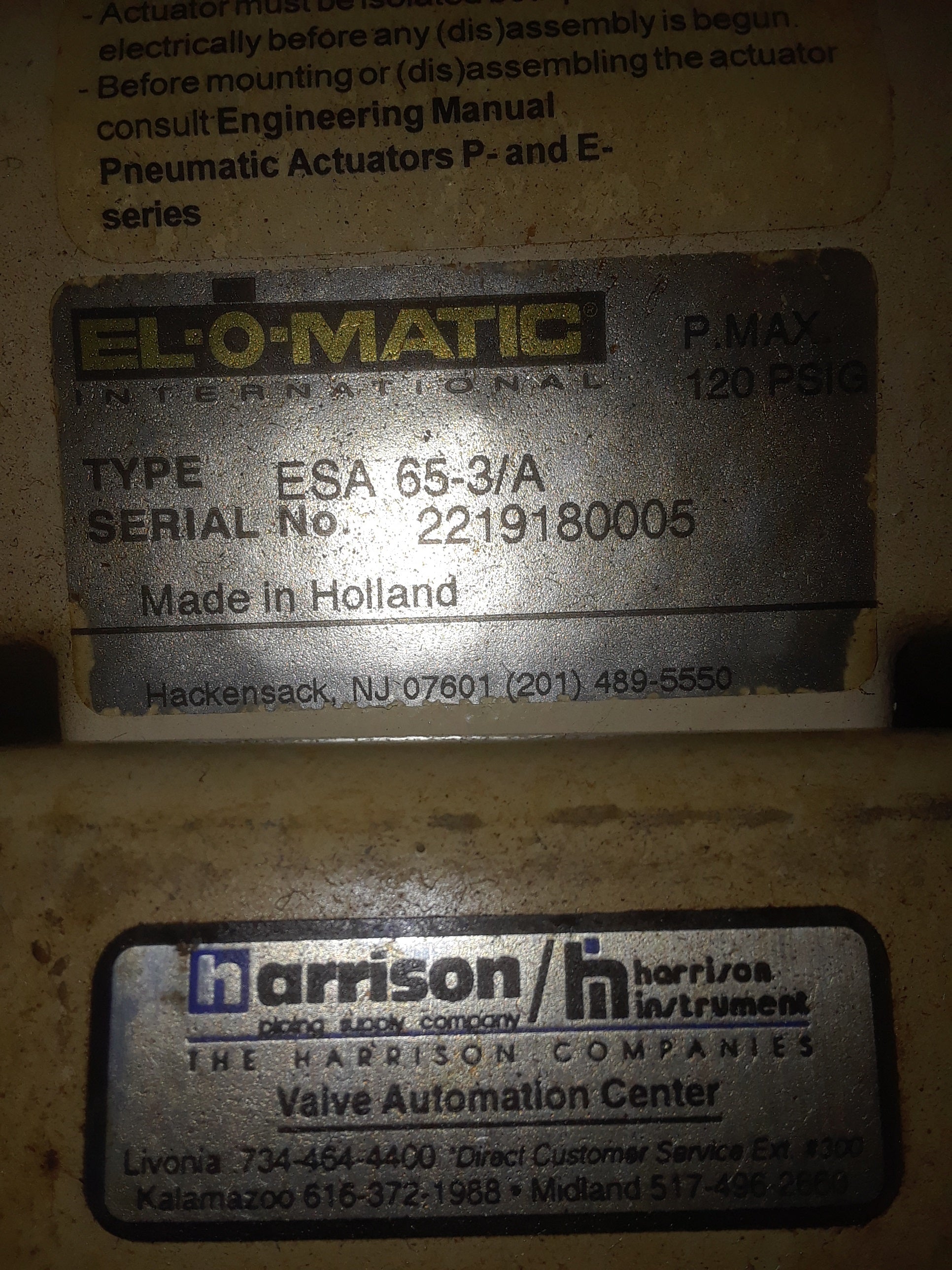 El-O-MATIC ESA 65 3/A Pneumatic Actuator with Apollo Valve Nice ...