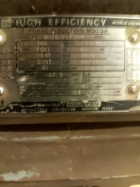 Toshiba 15HP AC Motor 254T Frame 230/460V 3PH 3505RPM TEFC B01 – Ideal ...