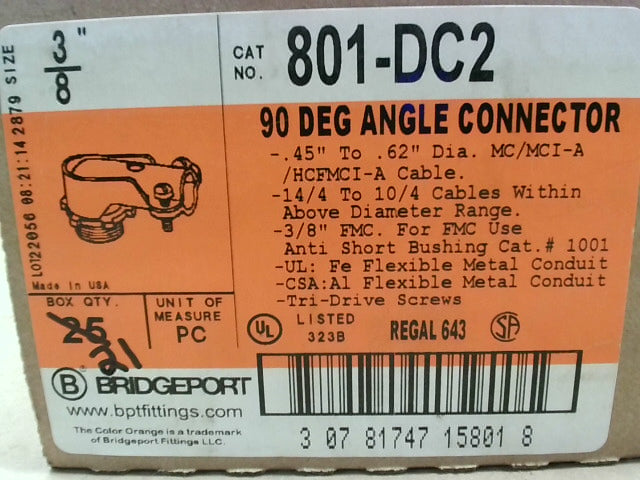 Bridgeport 801-DC2 3/8" 90-Degree Angle Connector (21 pcs) – Ideal Surplus