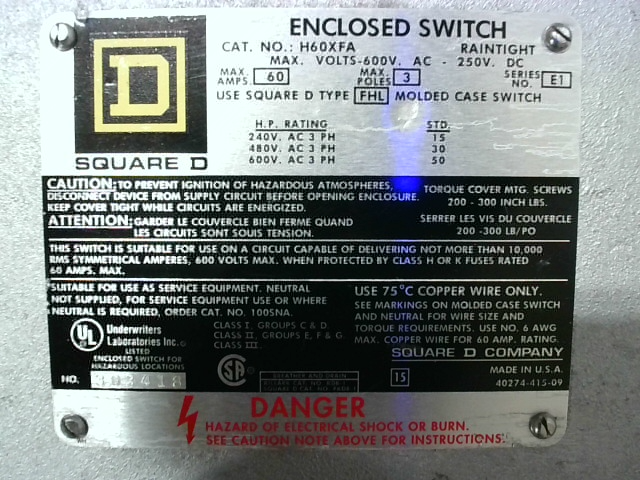 Square D H60XFA 60 Amp 600V 3Pole Explosion Proof Disconnect Sw – Ideal ...