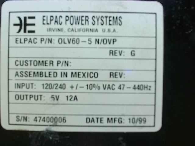 Elpac Power Systems OLV60-5 N/OVP Power Supply 120/240VAC to 5VDC ...