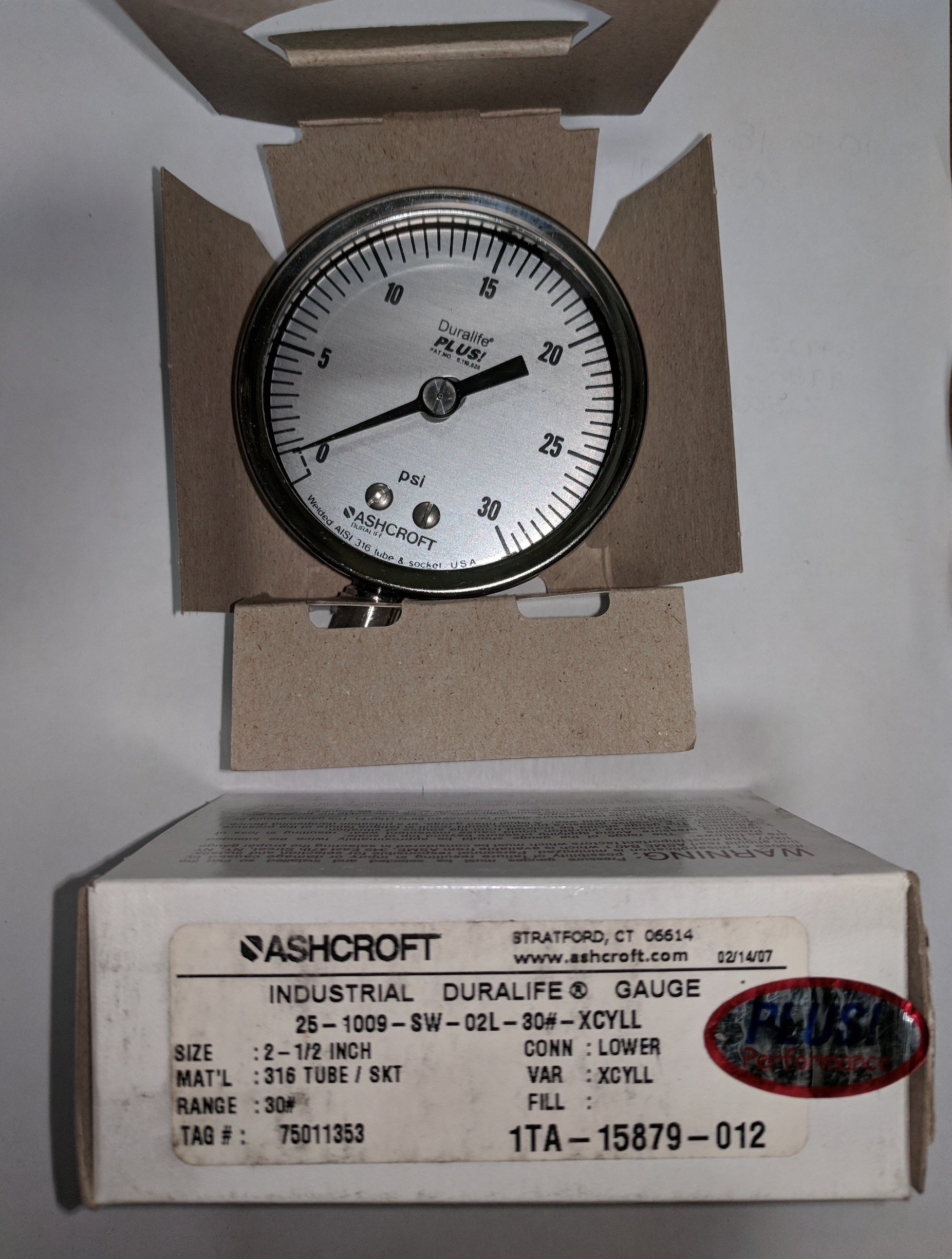 ASHCROFT 25-1009-SW-02L-30#-XCYLL DURALIFE PLUS PRESSURE GAUGE 0-30PSI ...