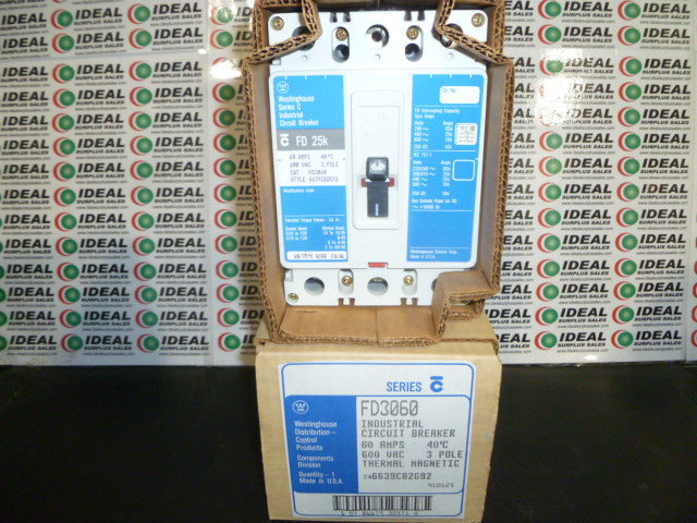 BREAKER, WESTINGHOUSE FD3060, 60A, 600VAC, 3 POLE, THERMAL MAGNETIC, I ...